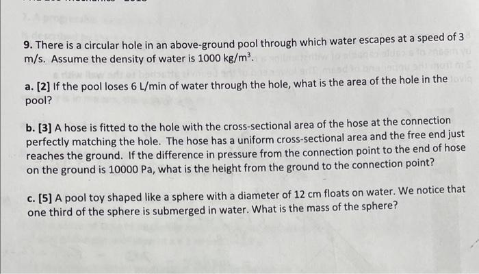 Solved 9. There is a circular hole in an above-ground pool | Chegg.com