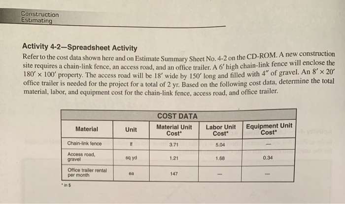 Solved Construction Estimating Activity 4-2-Spreadsheet | Chegg.com