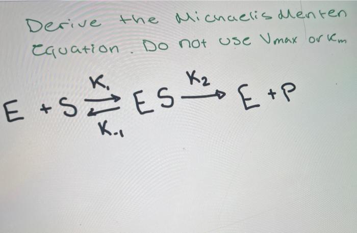 Solved Derive the Michaelis Menten equation. Do not use Vmax | Chegg.com