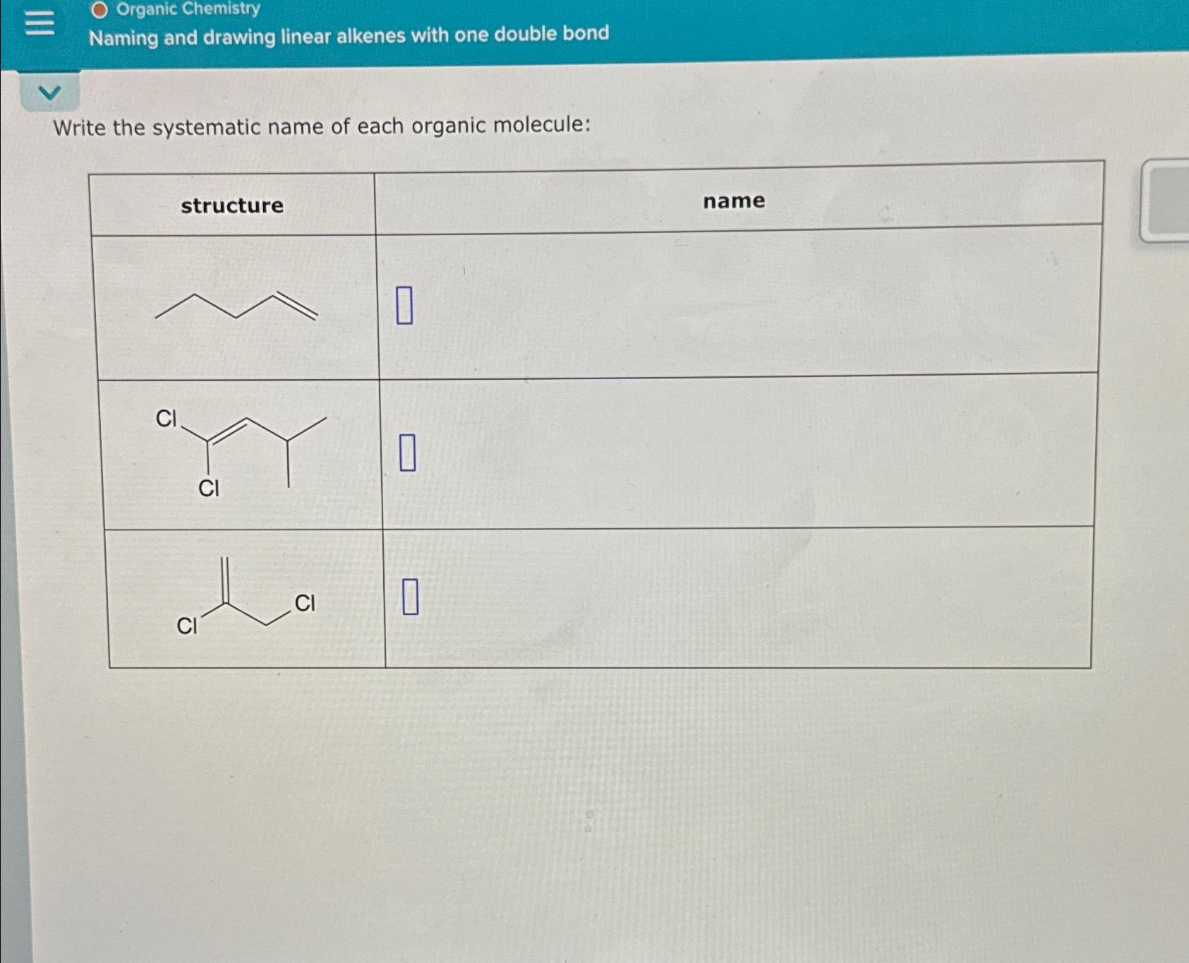 Solved Organic ChemistryNaming and drawing linear alkenes | Chegg.com