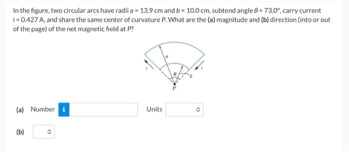 Solved In the figure, two circular arcs have radii a=13.9 cm | Chegg.com