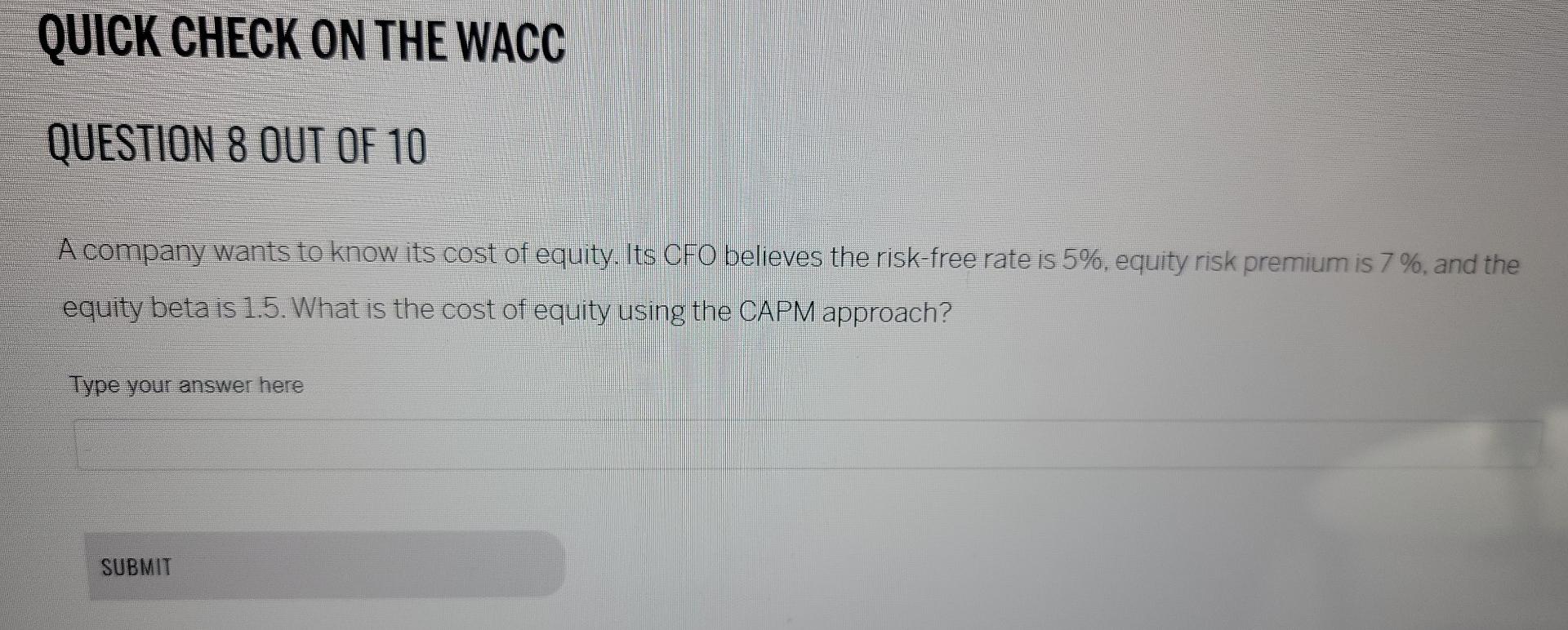 Solved QUICK CHECK ON THE WACC QUESTION 8 OUT OF 10 A | Chegg.com