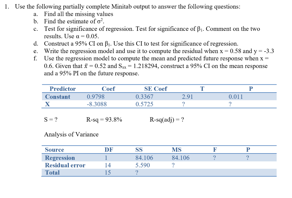 Solved Use the following partially complete Minitab output | Chegg.com