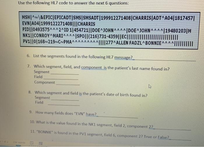 Solved Use the following HL7 code to answer the next 6 | Chegg.com