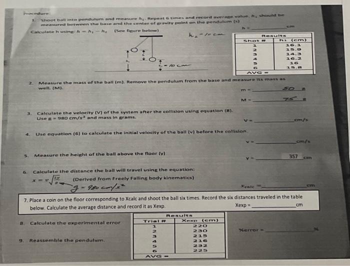 Procedure: Shoot ball into pendulum and measure ₁. | Chegg.com