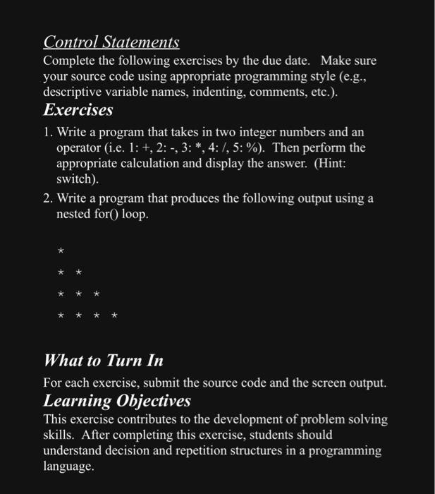 Solved Control Statements Complete the following exercises | Chegg.com