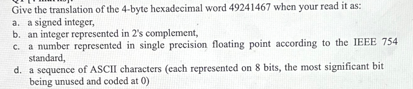 Solved Give the translation of the 4-byte hexadecimal word | Chegg.com