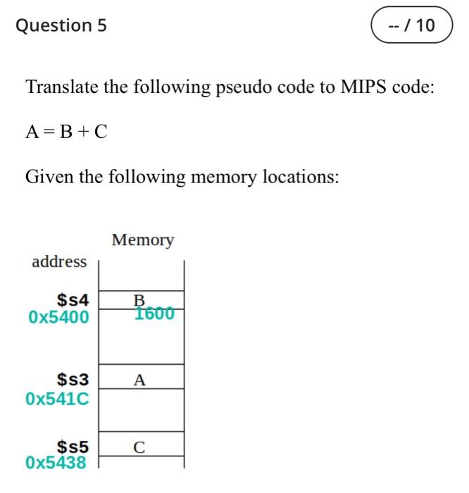 Solved Question 5 -- / 10 Translate the following pseudo | Chegg.com