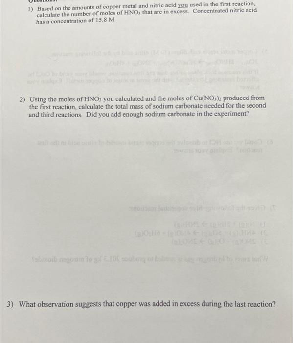 Solved 1) Based on the amounts of copper metal and nitric | Chegg.com
