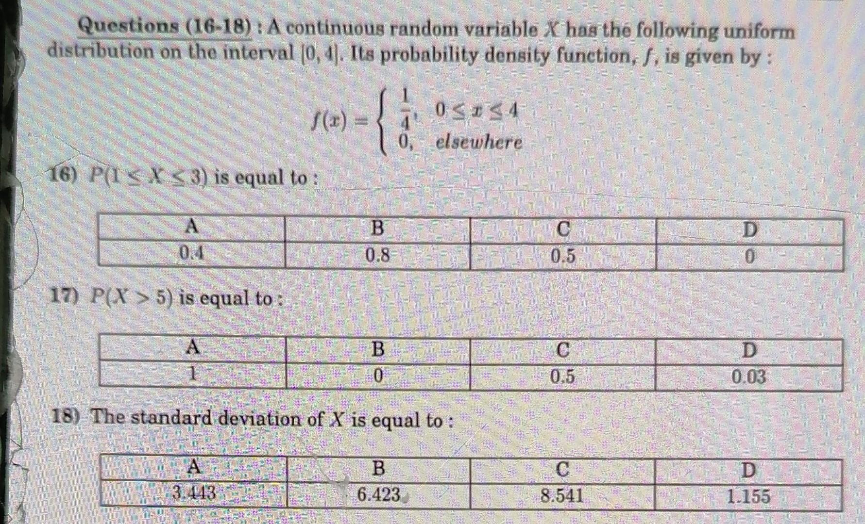 Solved Questions (16-18) : A continuous random variable X | Chegg.com