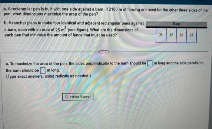 Solved a. A rectangular pen is built with one side against a | Chegg.com