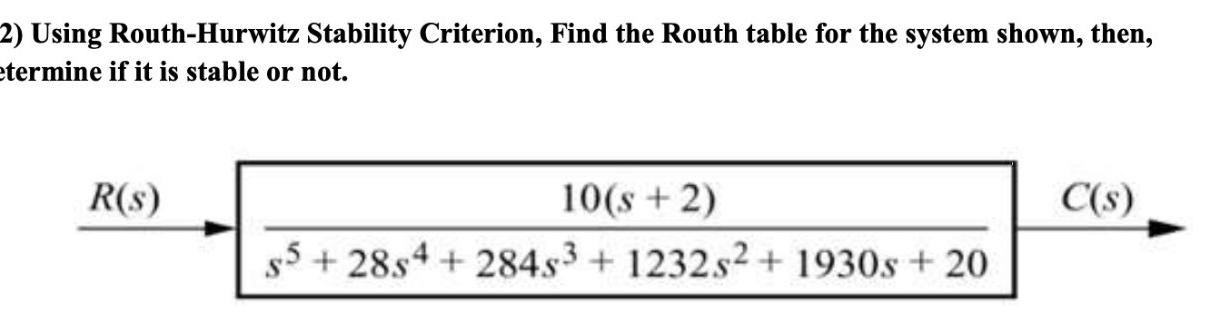 Solved 2) Using Routh-Hurwitz Stability Criterion, Find the | Chegg.com