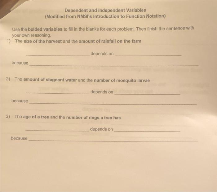Solved Dependent and Independent Variables (Modified from | Chegg.com