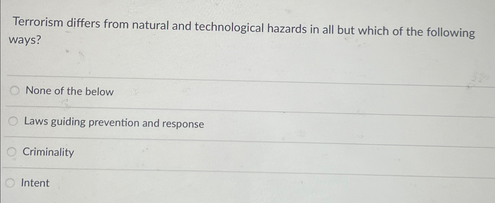 Solved Terrorism differs from natural and technological | Chegg.com