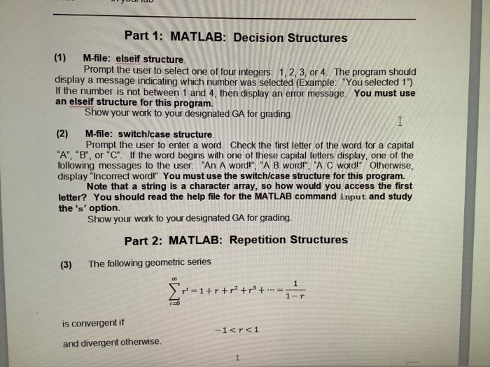 Solved Part 1: MATLAB: Decision Structures (1) M-file: | Chegg.com