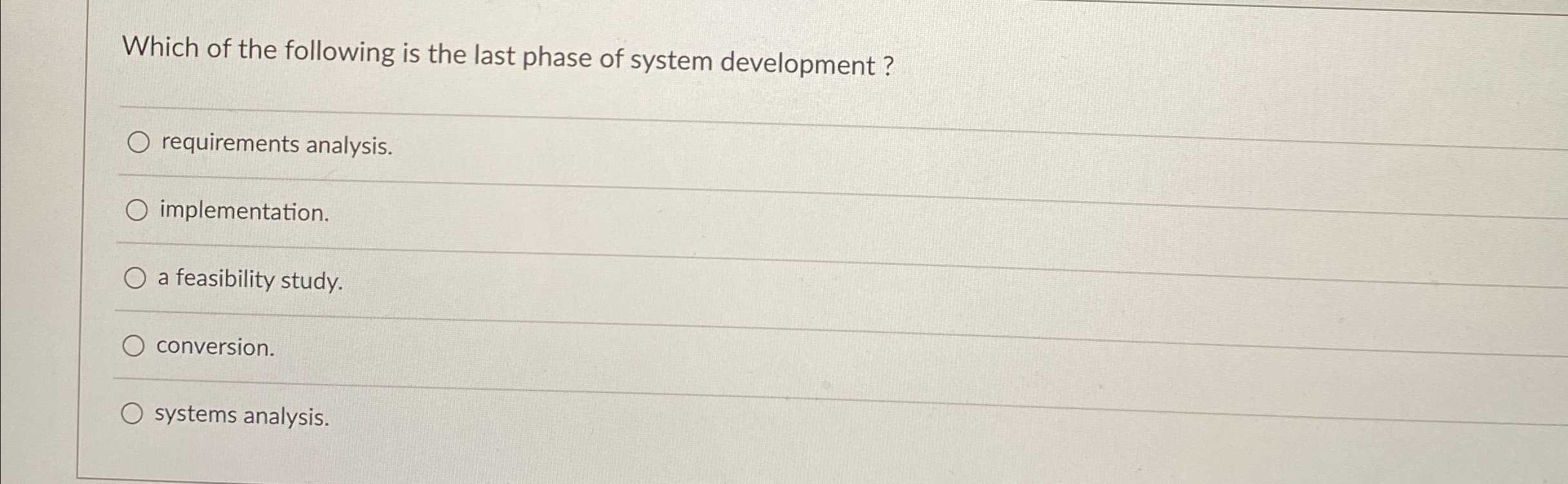 Solved Which of the following is the last phase of system | Chegg.com