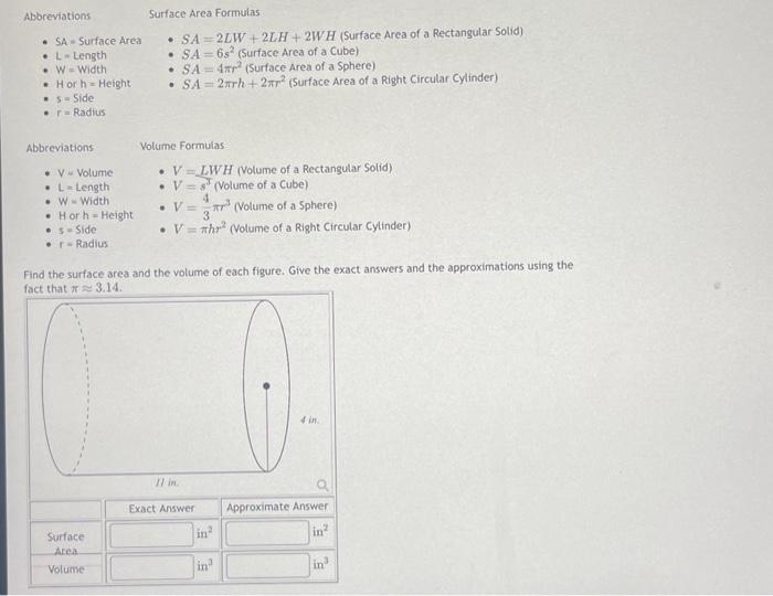 Solved Abbreviations Surface Area Formulas - SA= Surface | Chegg.com
