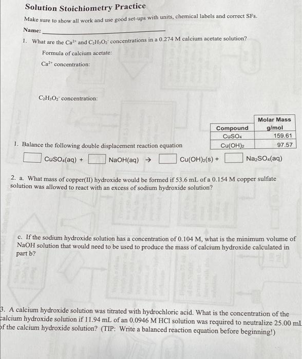 Solved Solution Stoichiometry Practice Make sure to show all | Chegg.com