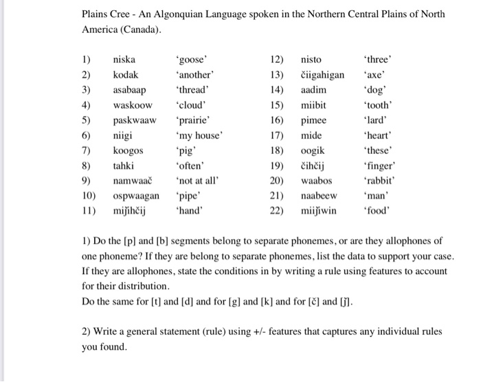 Plains Cree - An Algonquian Language spoken in the | Chegg.com