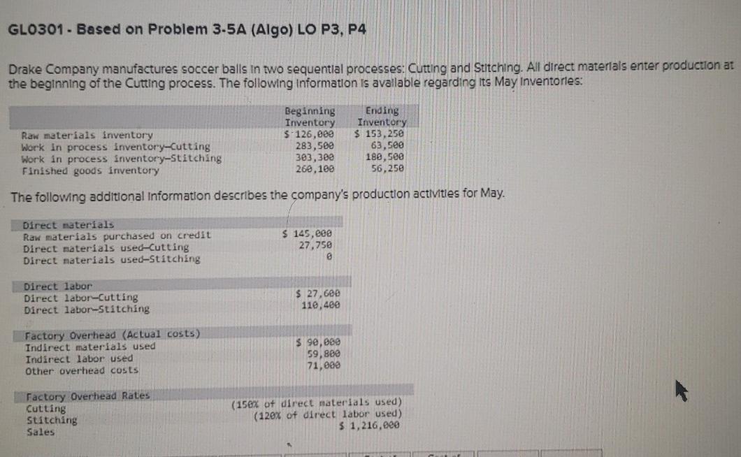 Solved GLO301 - Based on Problem 3-5A (Algo) LO P3, P4 Drake | Chegg.com