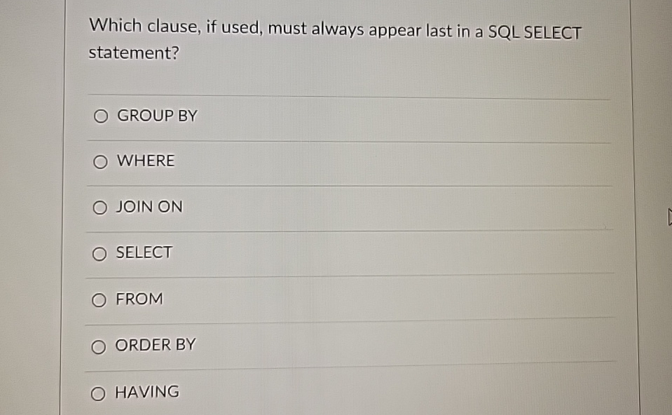 Solved Which clause, if used, must always appear last in a | Chegg.com
