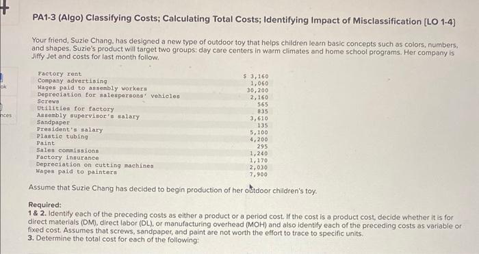 Solved PA1-3 (Algo) Classifying Costs; Calculating Total | Chegg.com