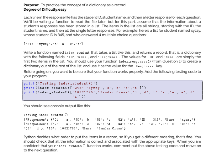 Solved Purpose: To practice the concept of a dictionary as a | Chegg.com