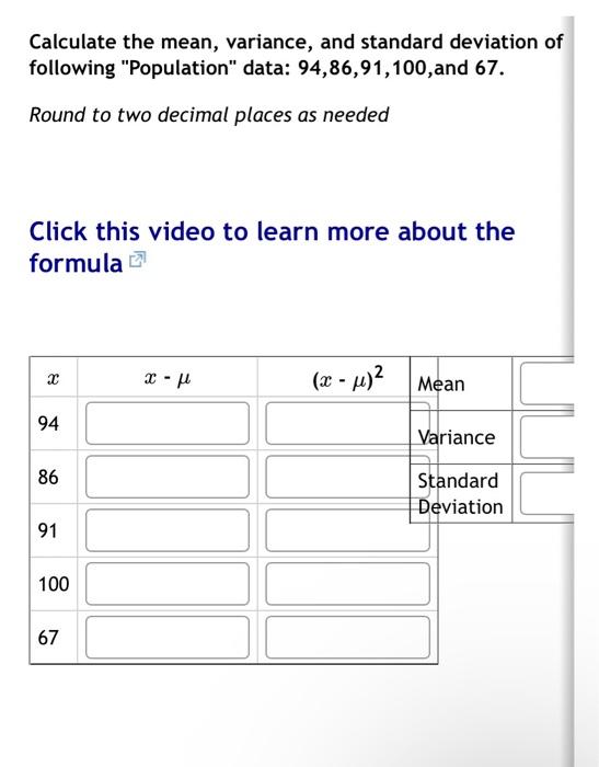 Solved Calculate the mean, variance, and standard deviation | Chegg.com