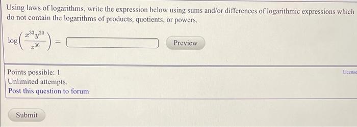 Solved Using Laws Of Logarithms Write The Expression Below 4304