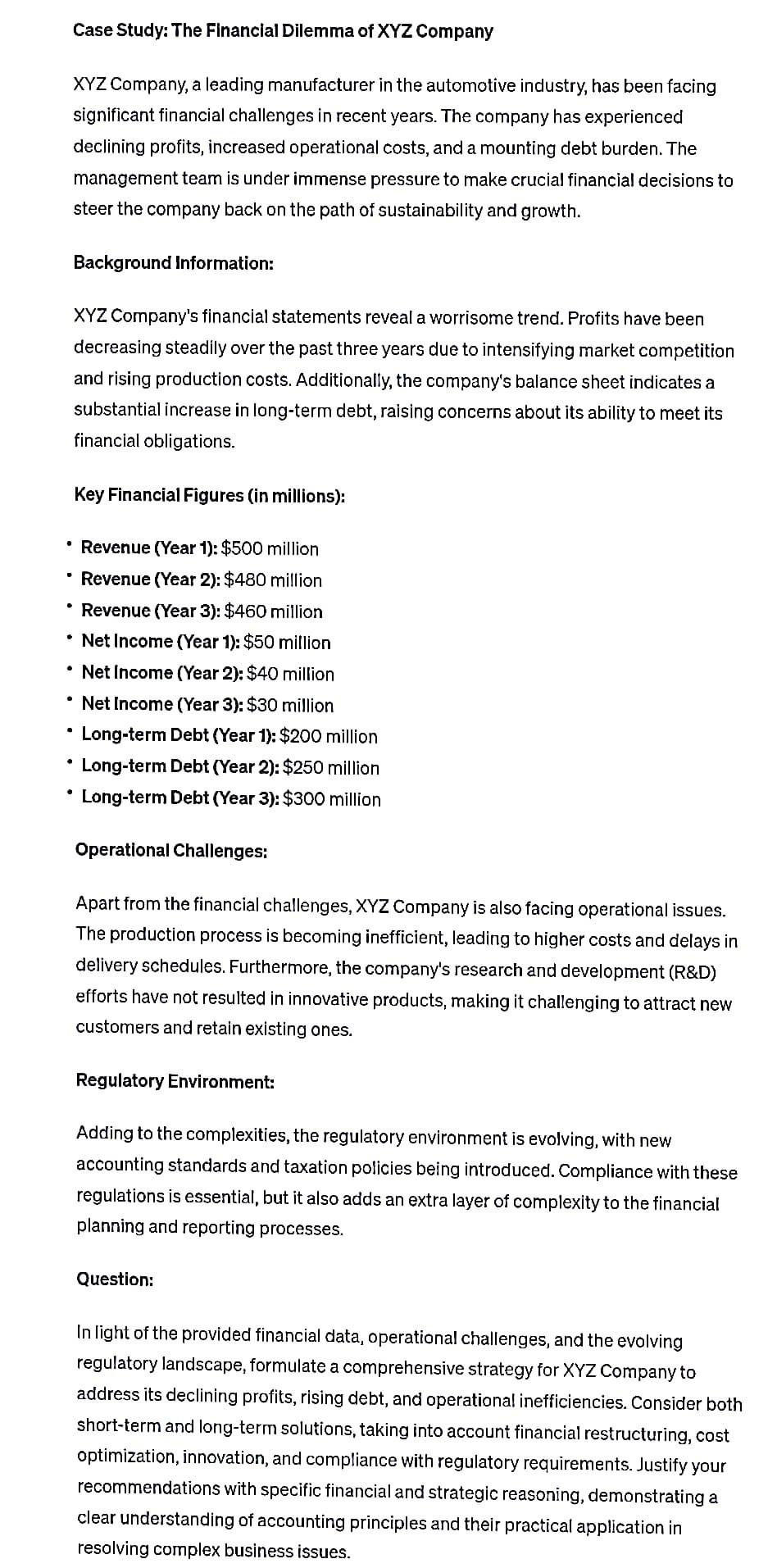 Solved Case Study: The FInancial Dilemma of XYZ Company XYZ | Chegg.com
