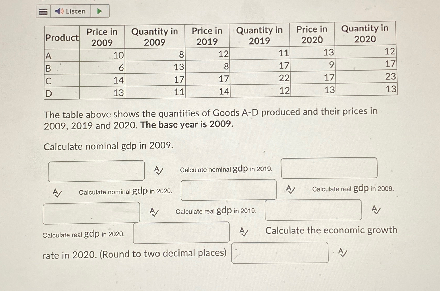 Solved Listen\table[[Product,\table[[Price | Chegg.com
