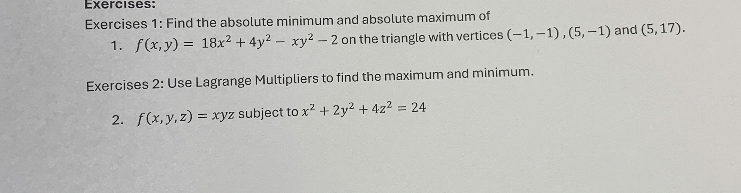 Exercises:Exercises 1: Find the absolute minimum and | Chegg.com