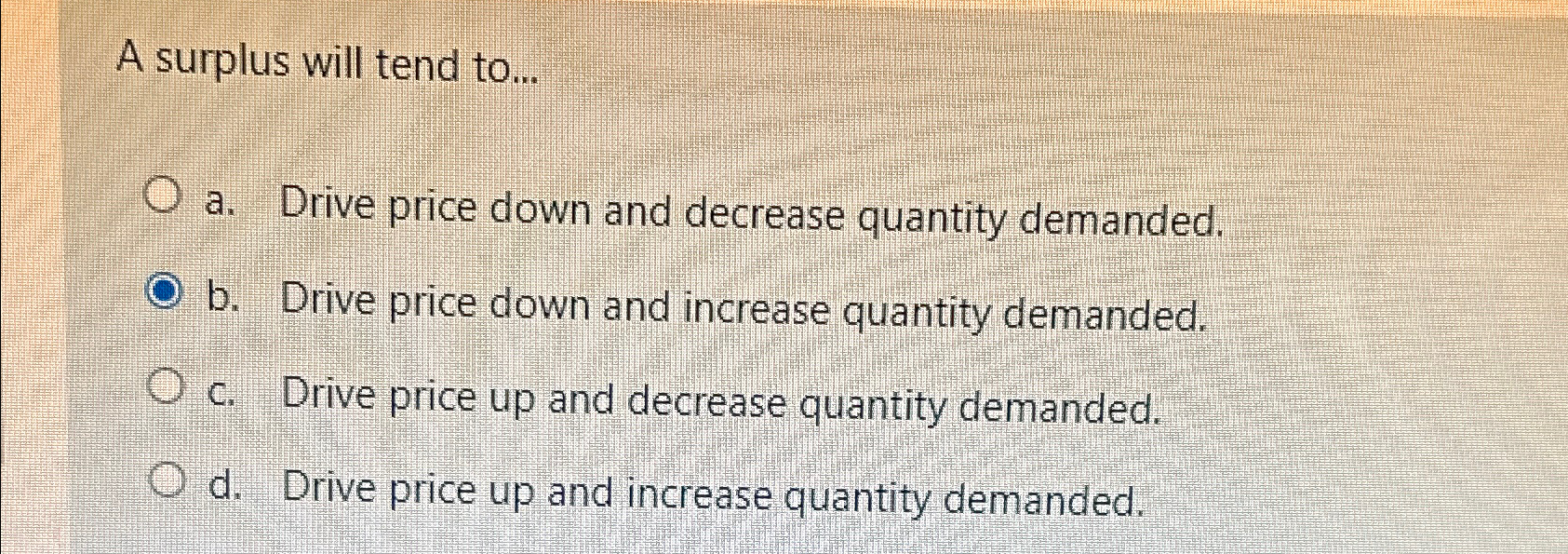 Solved A surplus will tend to...a. ﻿Drive price down and | Chegg.com
