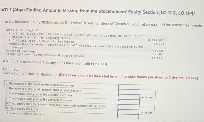 Solved E11-7 (Algo) Finding Amounts Missing from the | Chegg.com