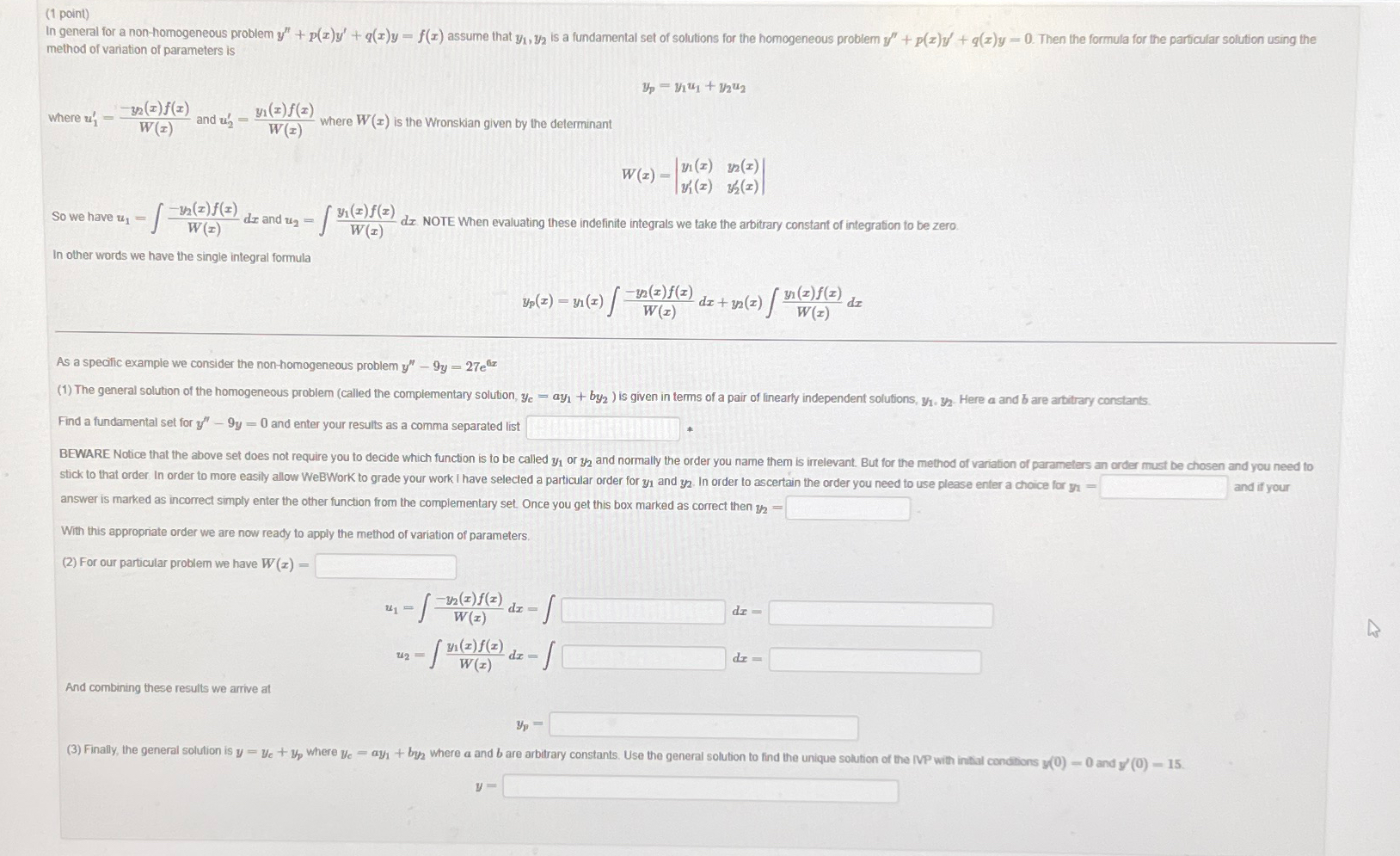 Solved (1 ﻿point) ﻿method of variation of parameters | Chegg.com