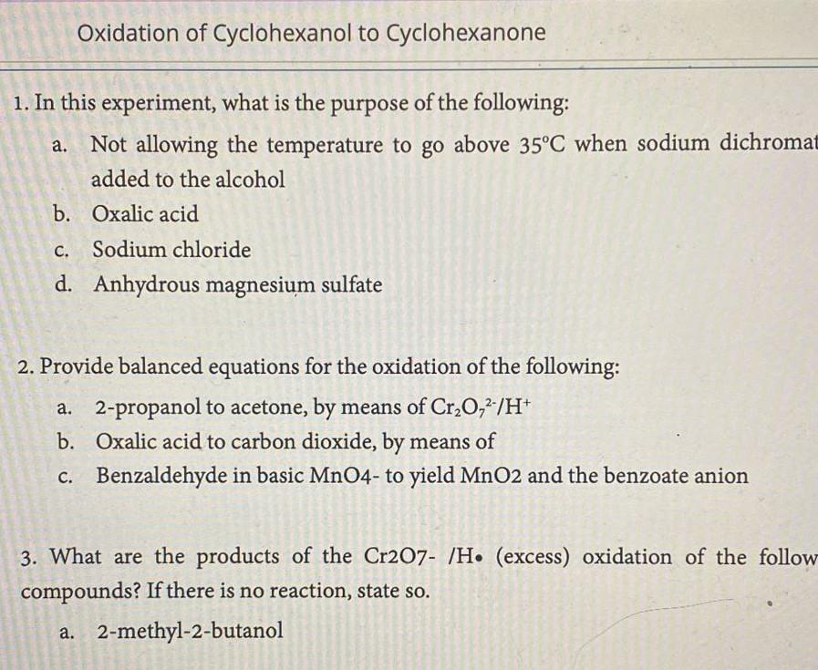 Solved Oxidation of Cyclohexanol to Cyclohexanone 1. In this | Chegg.com