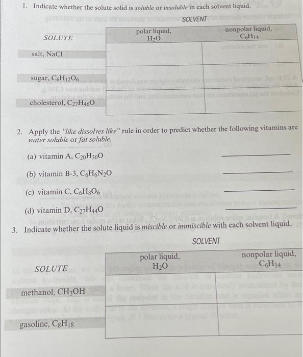 Solved 1. Indicate whether the solute solid is soluble or | Chegg.com