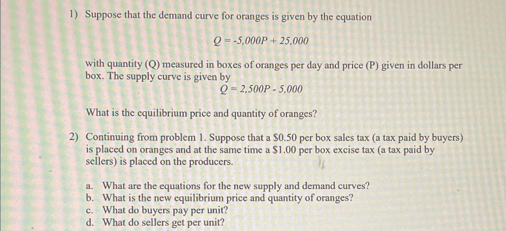 Solved Suppose that the demand curve for oranges is given by | Chegg.com