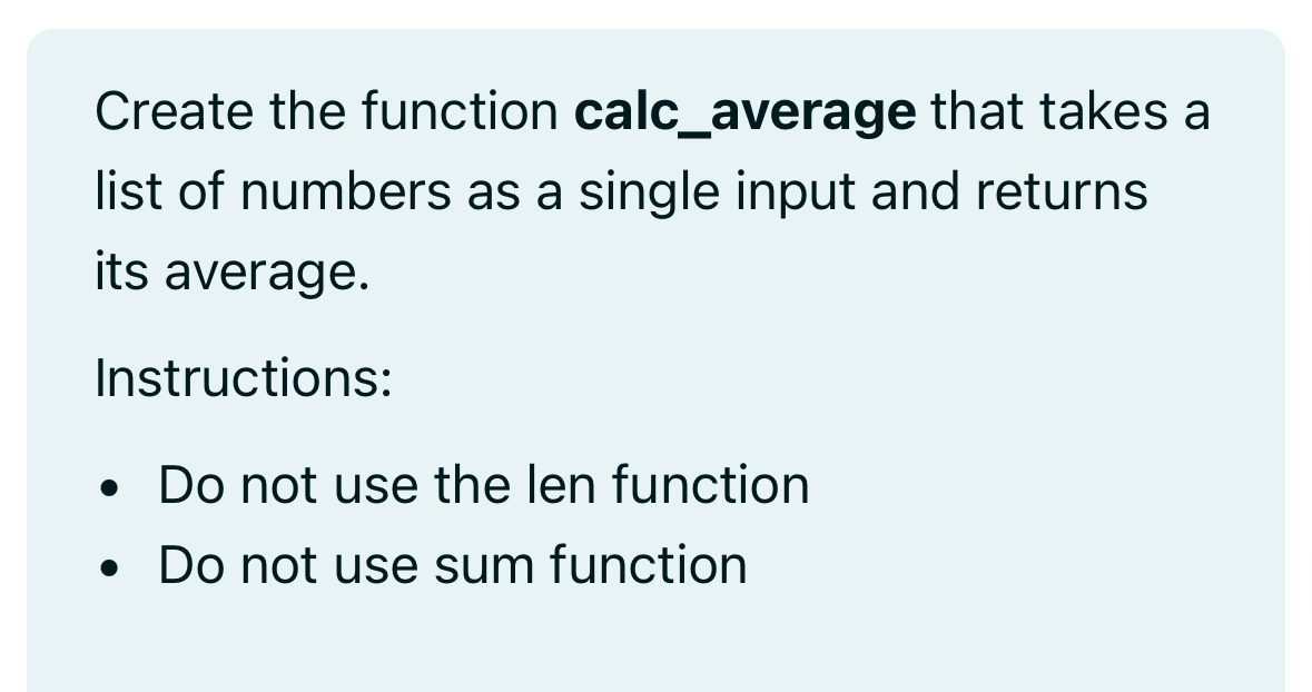 Solved Create the function calc_average that takes a list of | Chegg.com