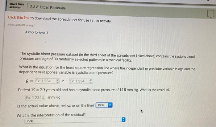 CHALLENGE ACTIVITY 23.3: Excel: Residuals. Click this | Chegg.com