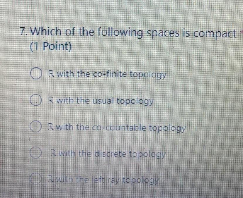 Solved 7. Which of the following spaces is compact (1 Point) | Chegg.com