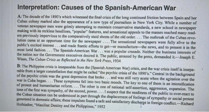 Solved Interpretation: Causes of the Spanish-American War A: | Chegg.com