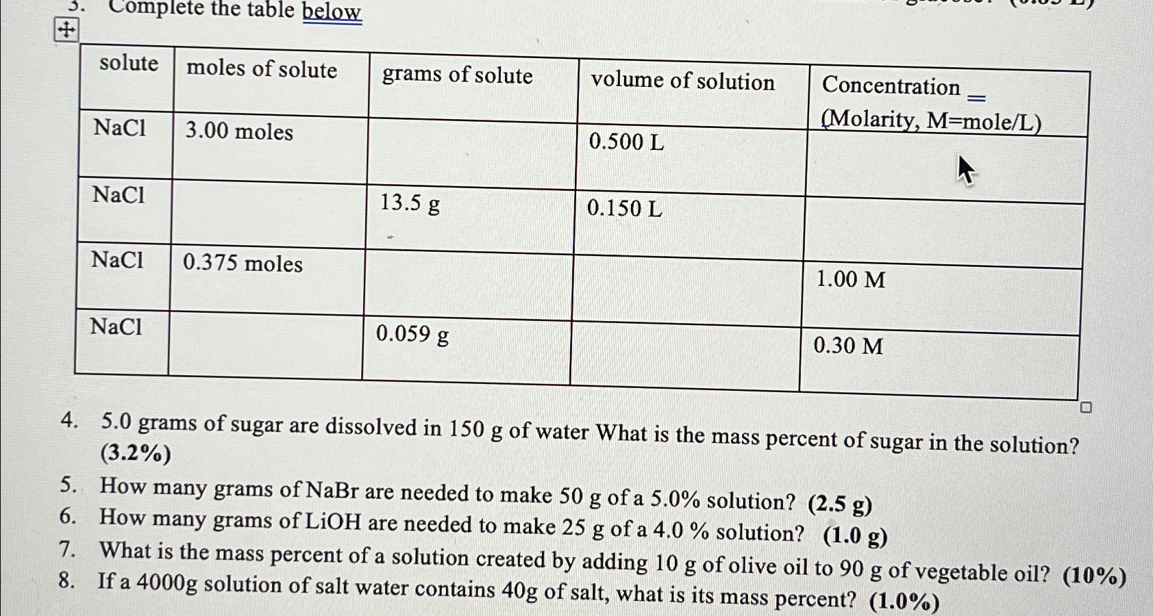 Solved Complete the table below\table[[solute,moles of | Chegg.com