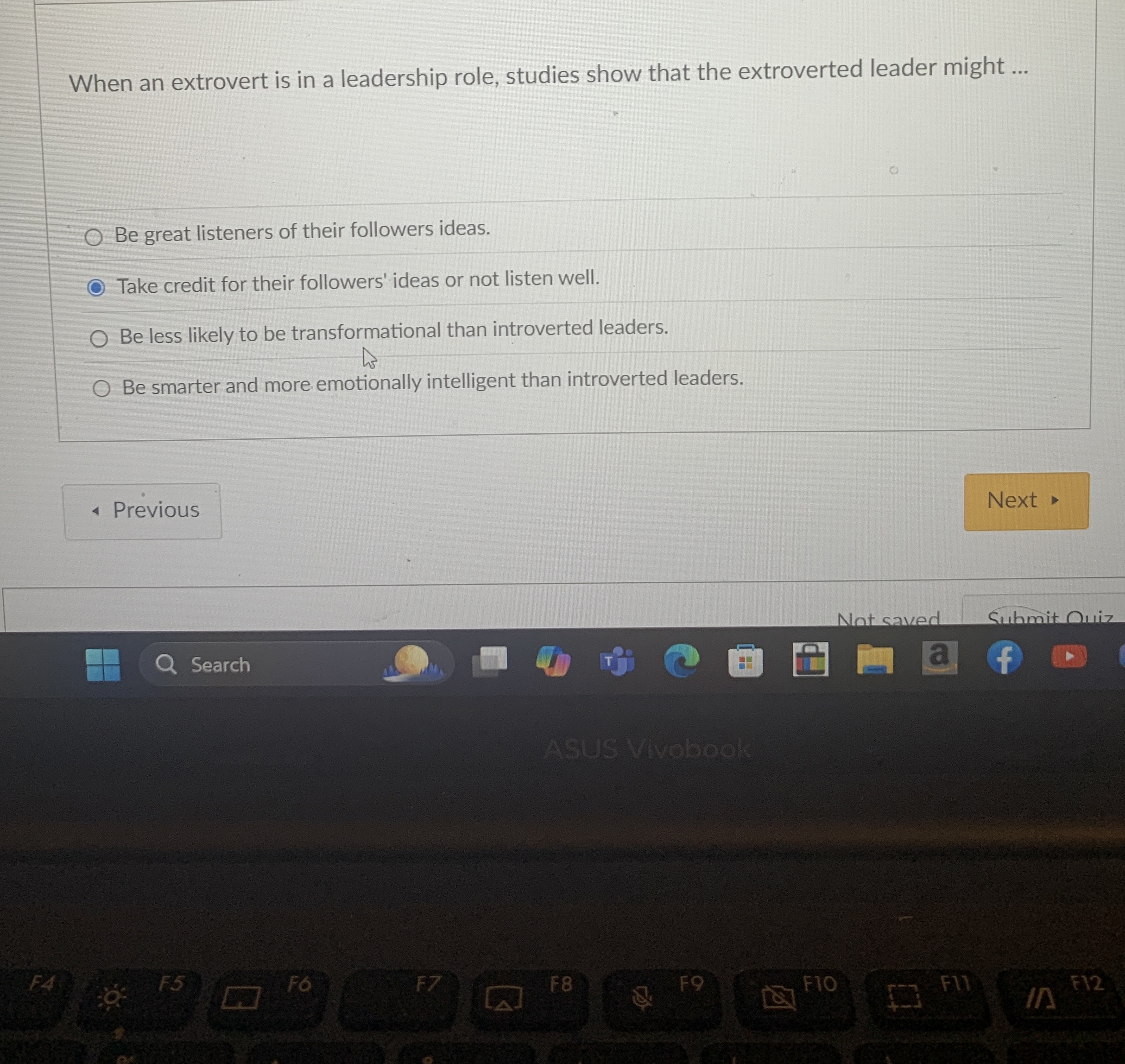 Solved When an extrovert is in a leadership role, studies | Chegg.com