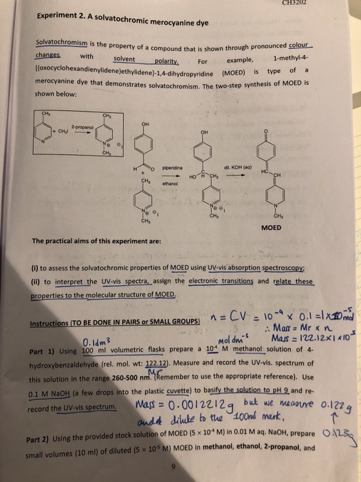 CH3202 Experiment 2. A solvatochromic merocyanine dye | Chegg.com