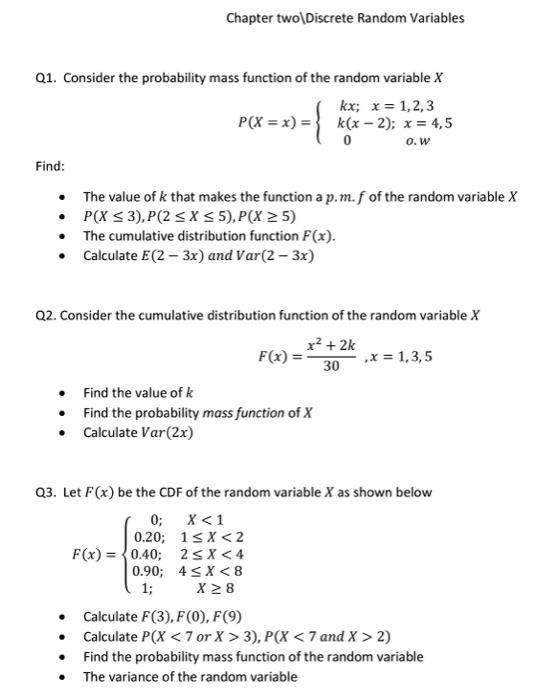 Solved Chapter two\Discrete Random Variables Q1. Consider | Chegg.com