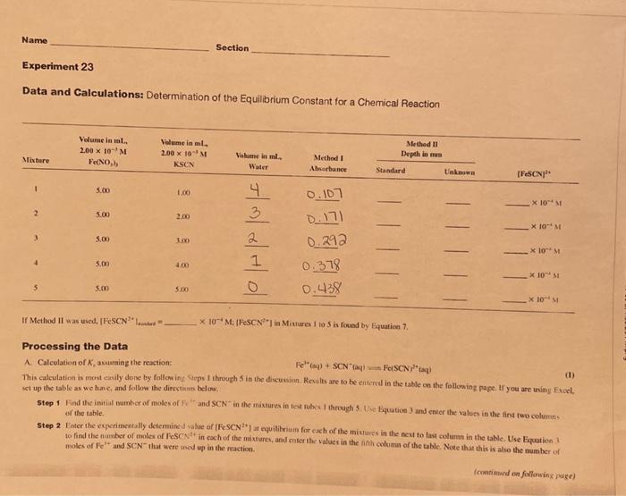 Name Section Experiment 23 Data and Calculations: | Chegg.com