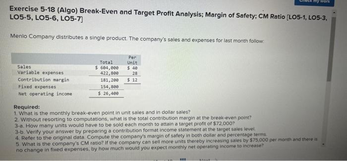 Solved Exercise 5-18 (Algo) Break-Even and Target Profit | Chegg.com