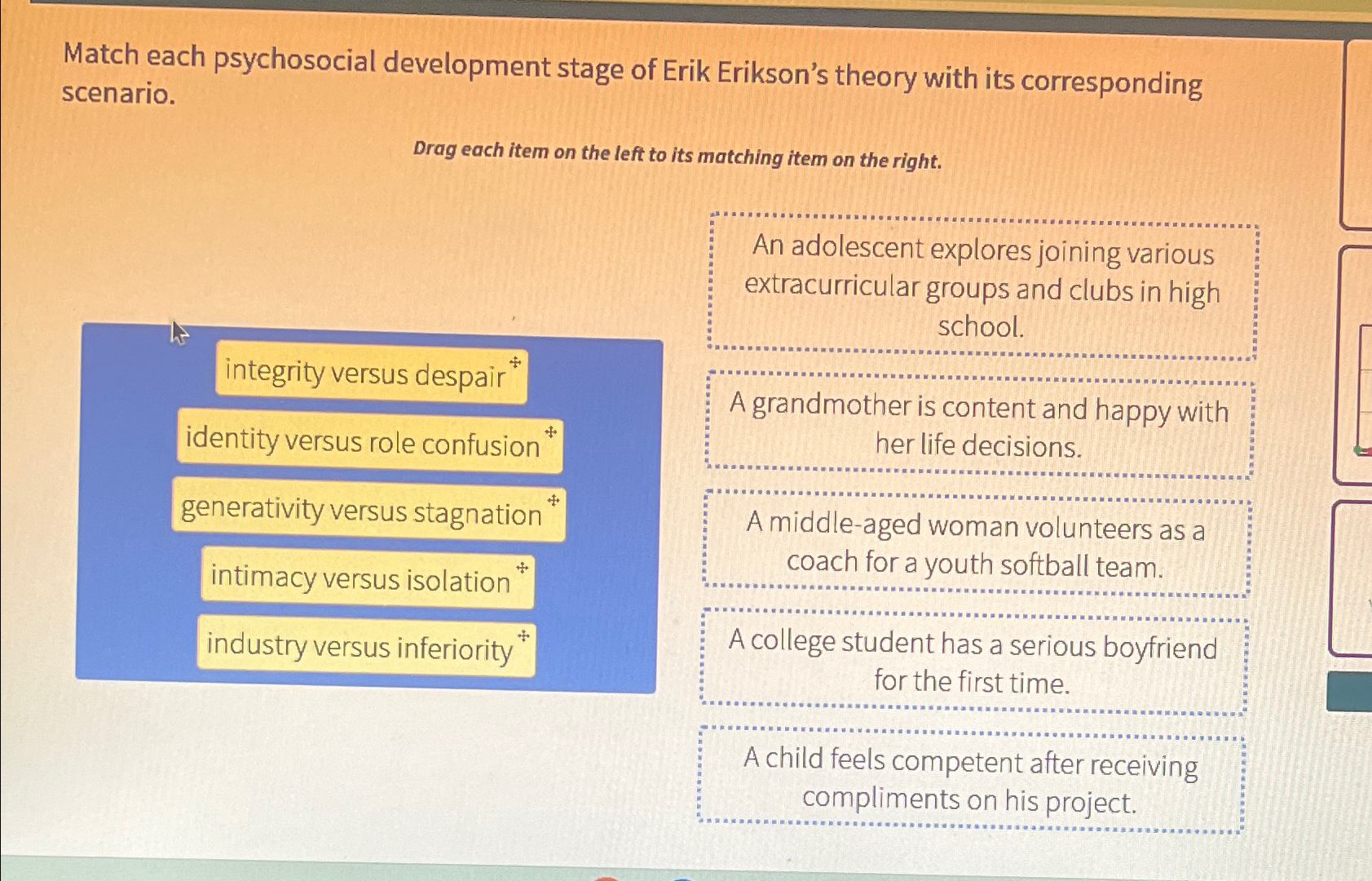 Solved Match each psychosocial development stage of Erik | Chegg.com
