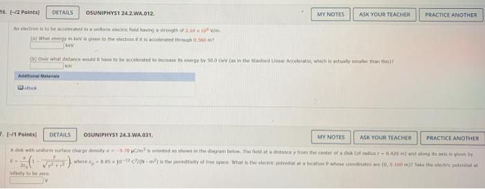 Solved 16. I/2 Points DETAILS OSUNIPHYS1 242. WA.012 MY | Chegg.com Solved 16. I/2 Points DETAILS OSUNIPHYS1 242. WA.012 MY | Chegg.com